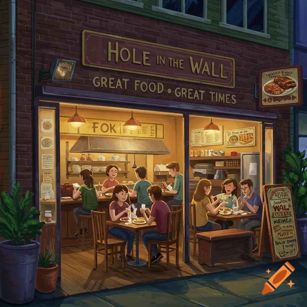 Hole-in-the-wall restaurant with great food on Craiyon