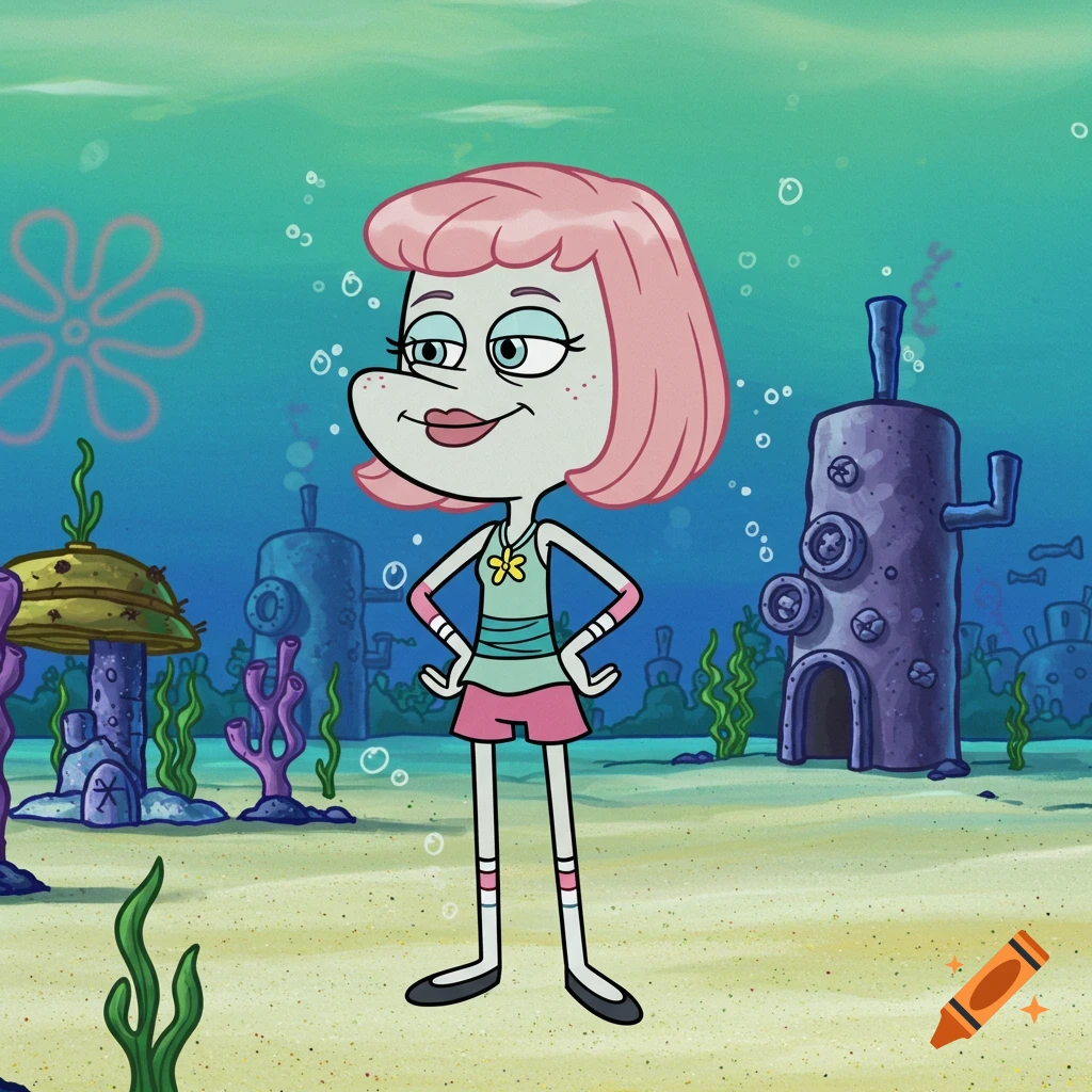 A cartoon character with pink hair and pink shorts stands underwater ...
