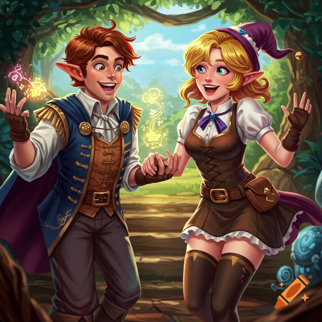 An illustration of two happy fantasy characters with pointed ears ...