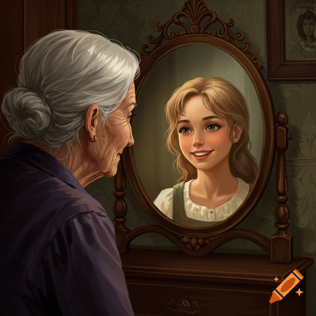 An old woman looks in a mirror and sees a reflection of her young self, digital painting. on Craiyon