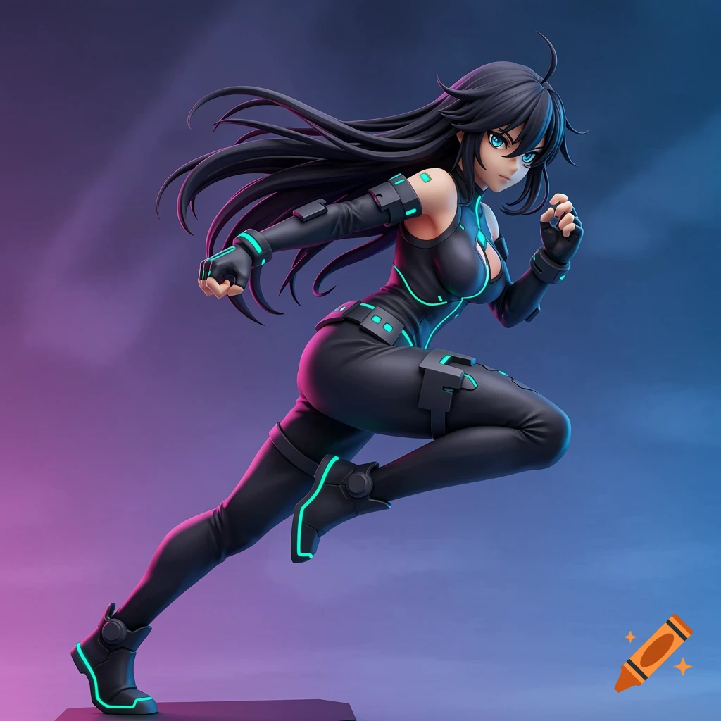 Anime-style woman in black and teal suit mid-run, rendered like a ...