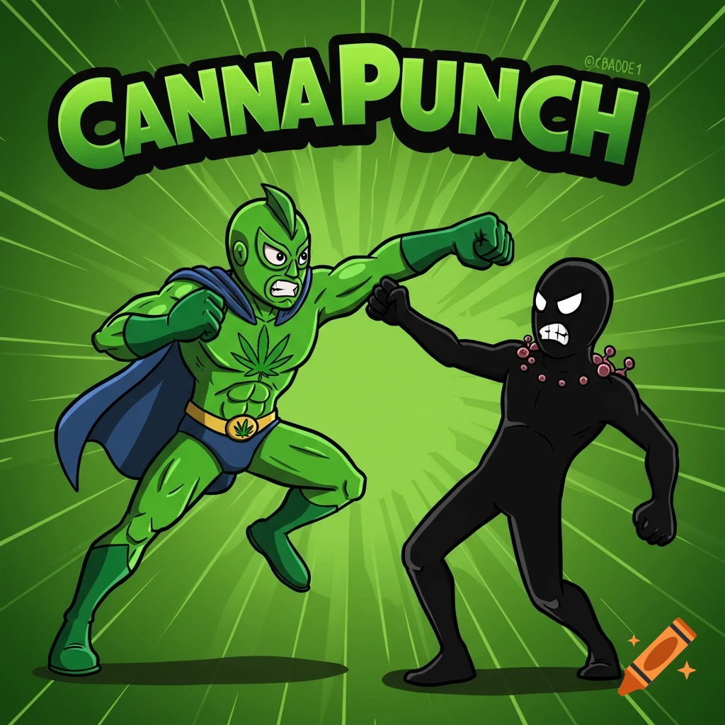 Cartoon logo of CannaPunch, a green cannabis superhero delivering a ...
