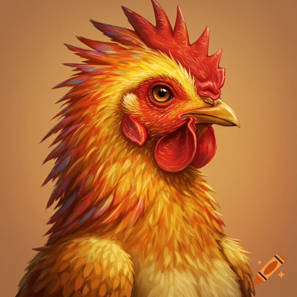 Stylized portrait of a chicken with orange and yellow feathers, red ...