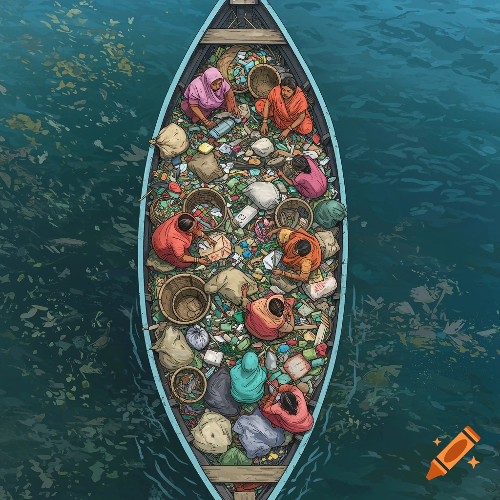 Top-down illustration of people in a boat filled with trash sorting ...