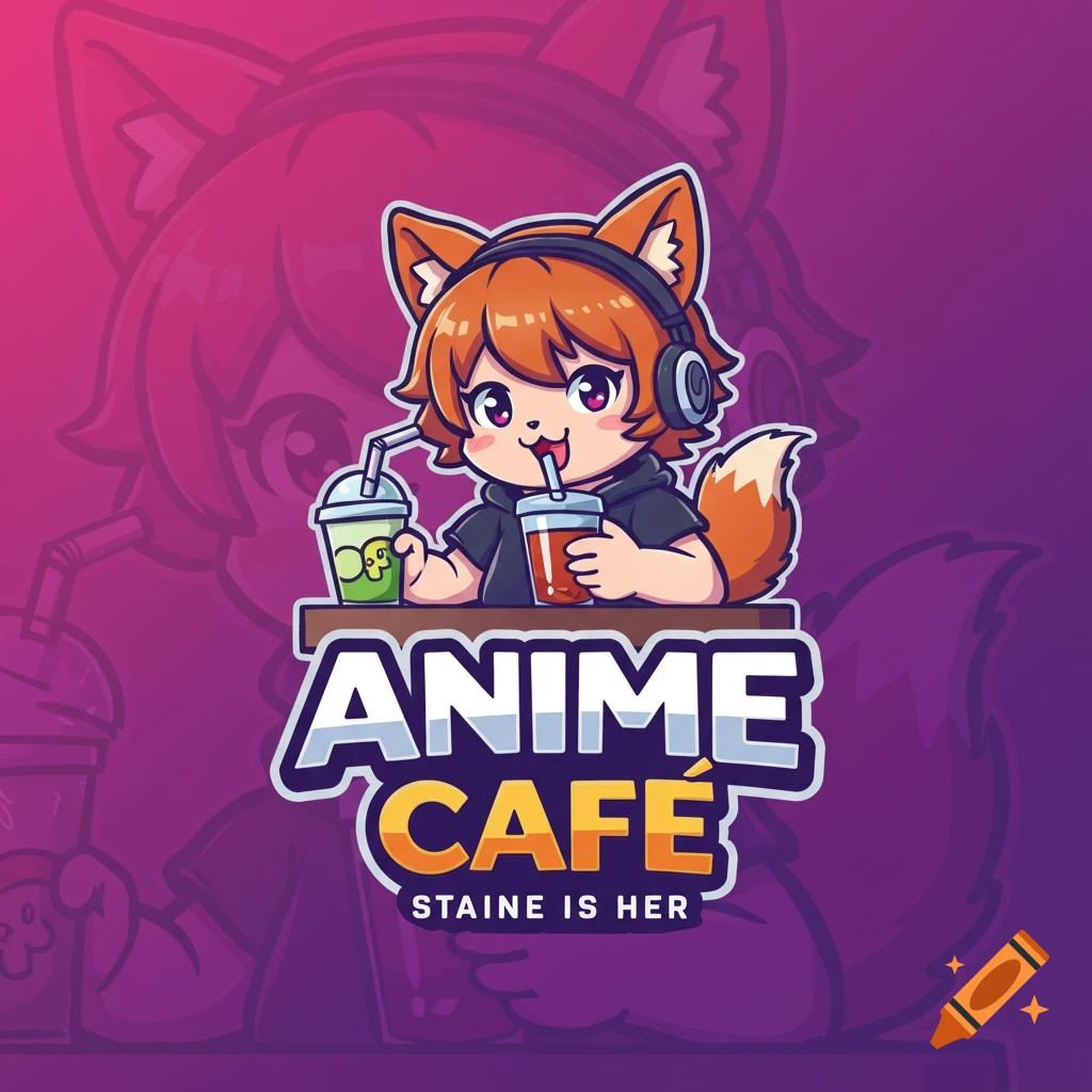 Anime style logo with a cute character wearing headphones and holding ...