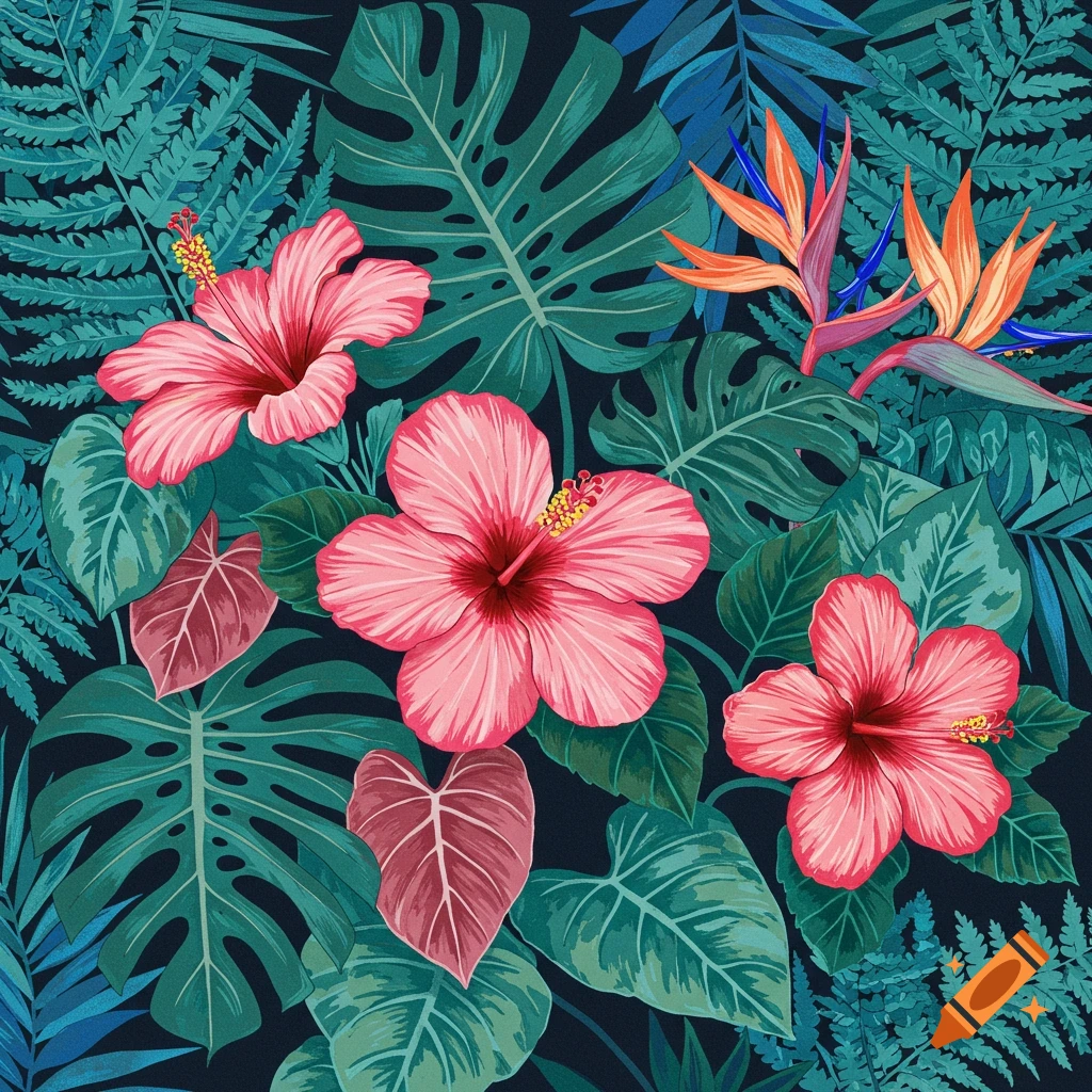 Realistic blue sea turtles with tropical leaves and flowers mural ...