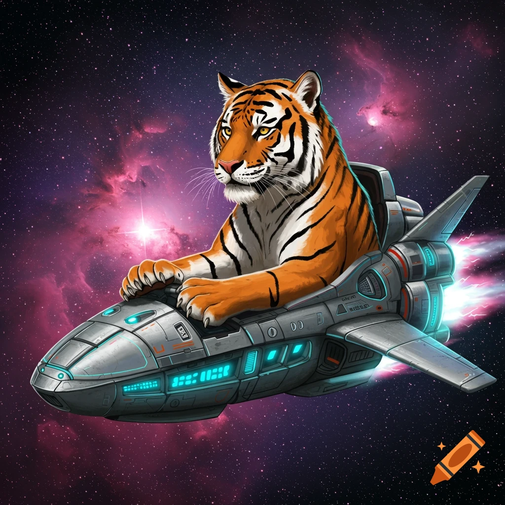 Tiger piloting a spaceship on Craiyon