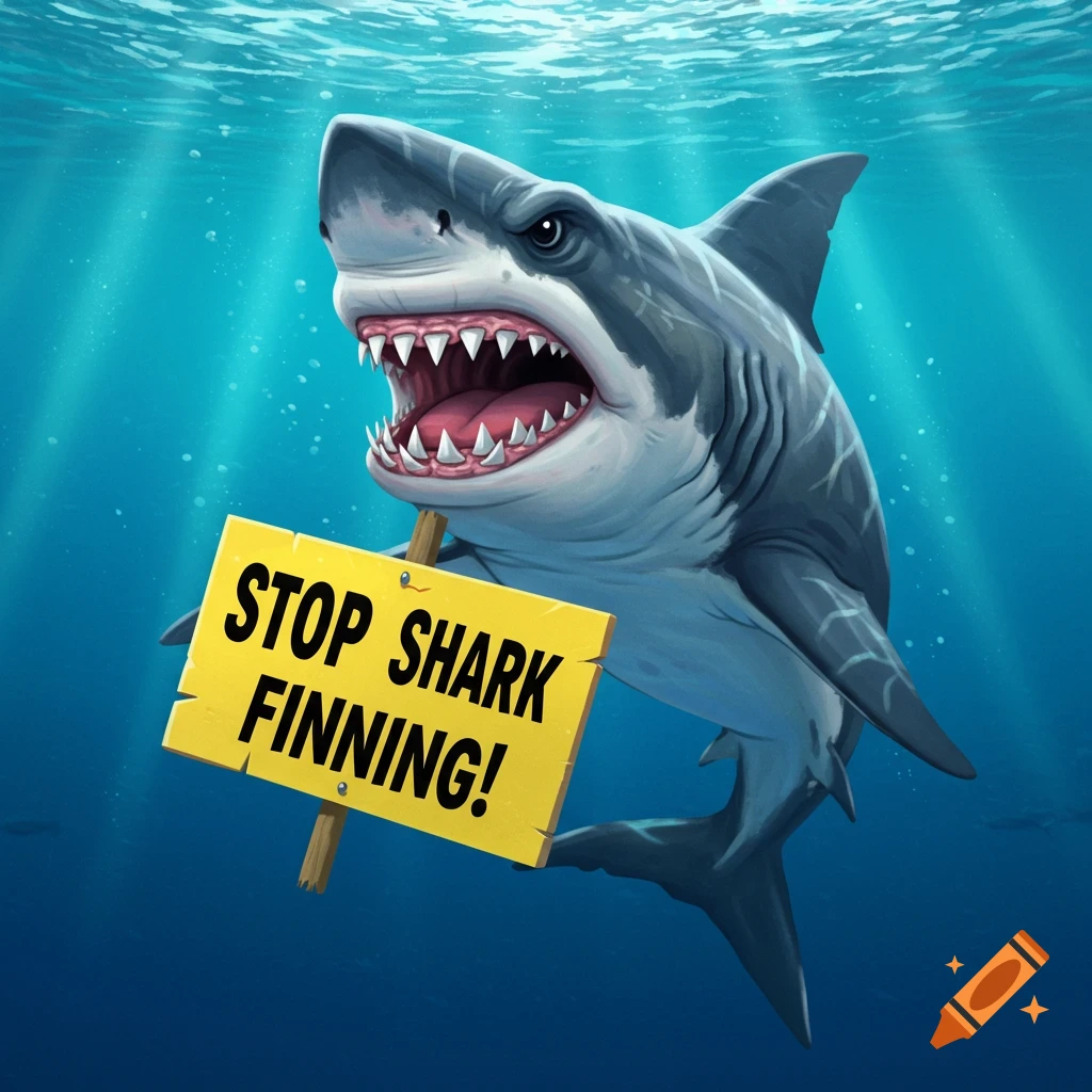 Angry shark holding a 'Stop Shark Finning' sign on Craiyon