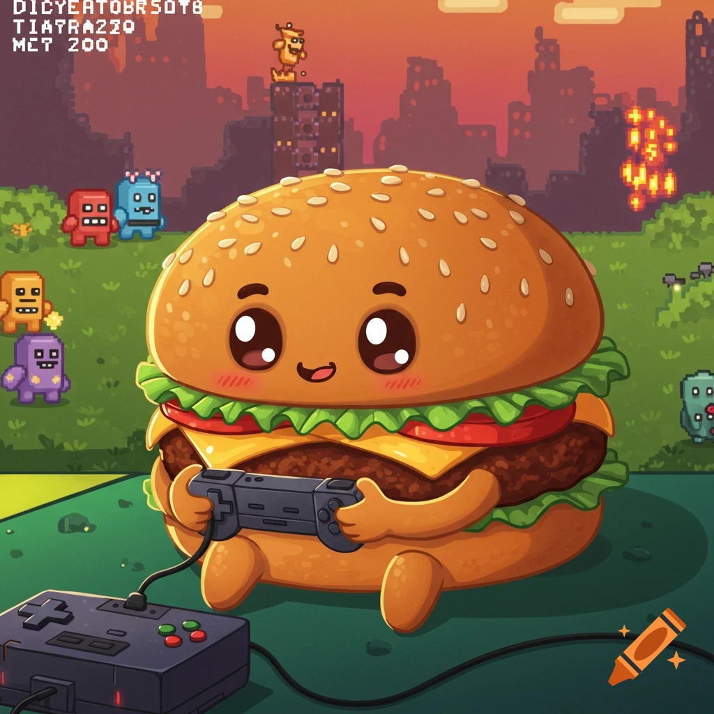 Cute cartoon burger plays a video game in a pixel art world with small pixel characters. on Craiyon