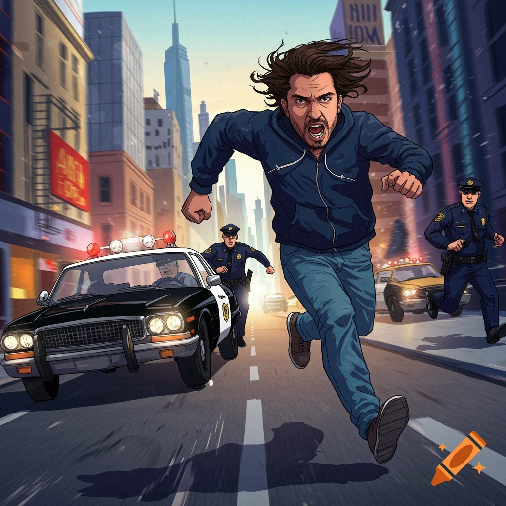 Stylized illustration of a man running away from police cars and ...