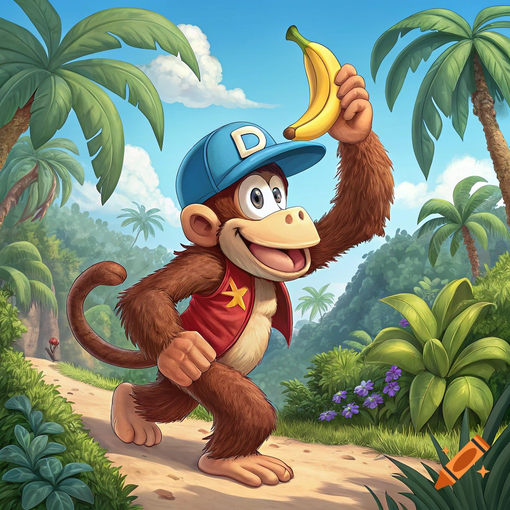 Diddy Kong in a jungle, wearing a red sweater, briefs, and yellow boots ...