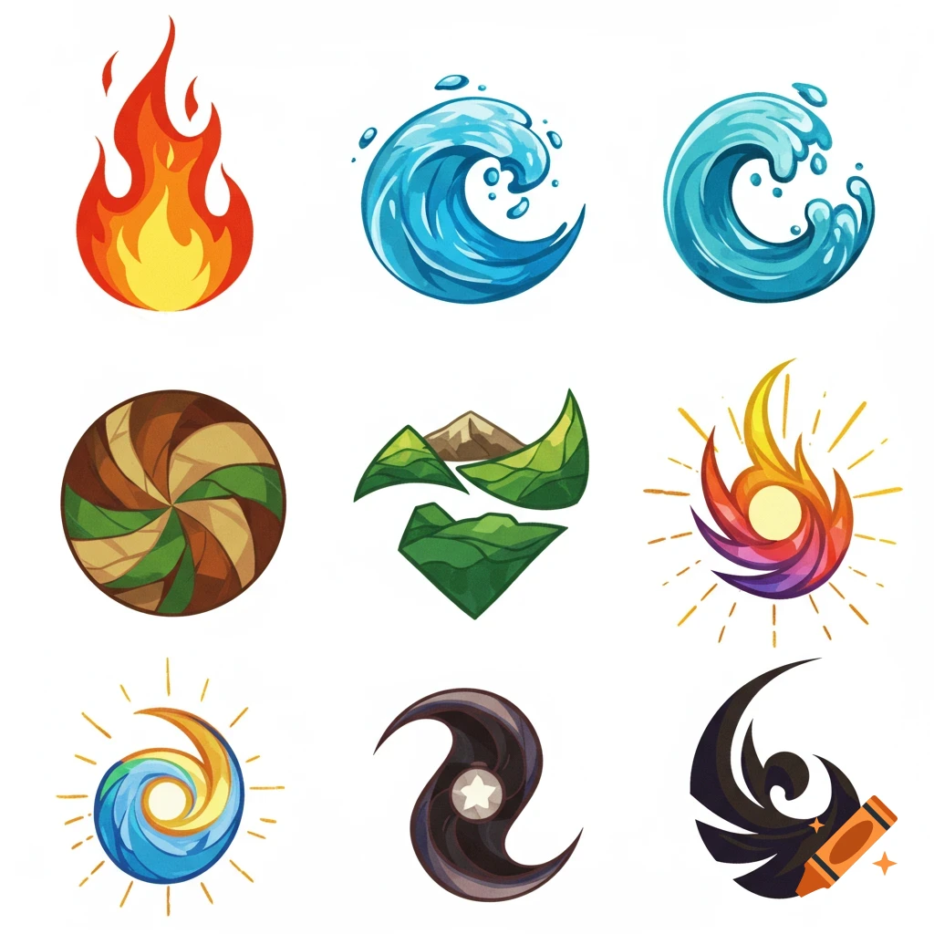 Symbols for fire, water, earth, light, imagination, and shadow on Craiyon