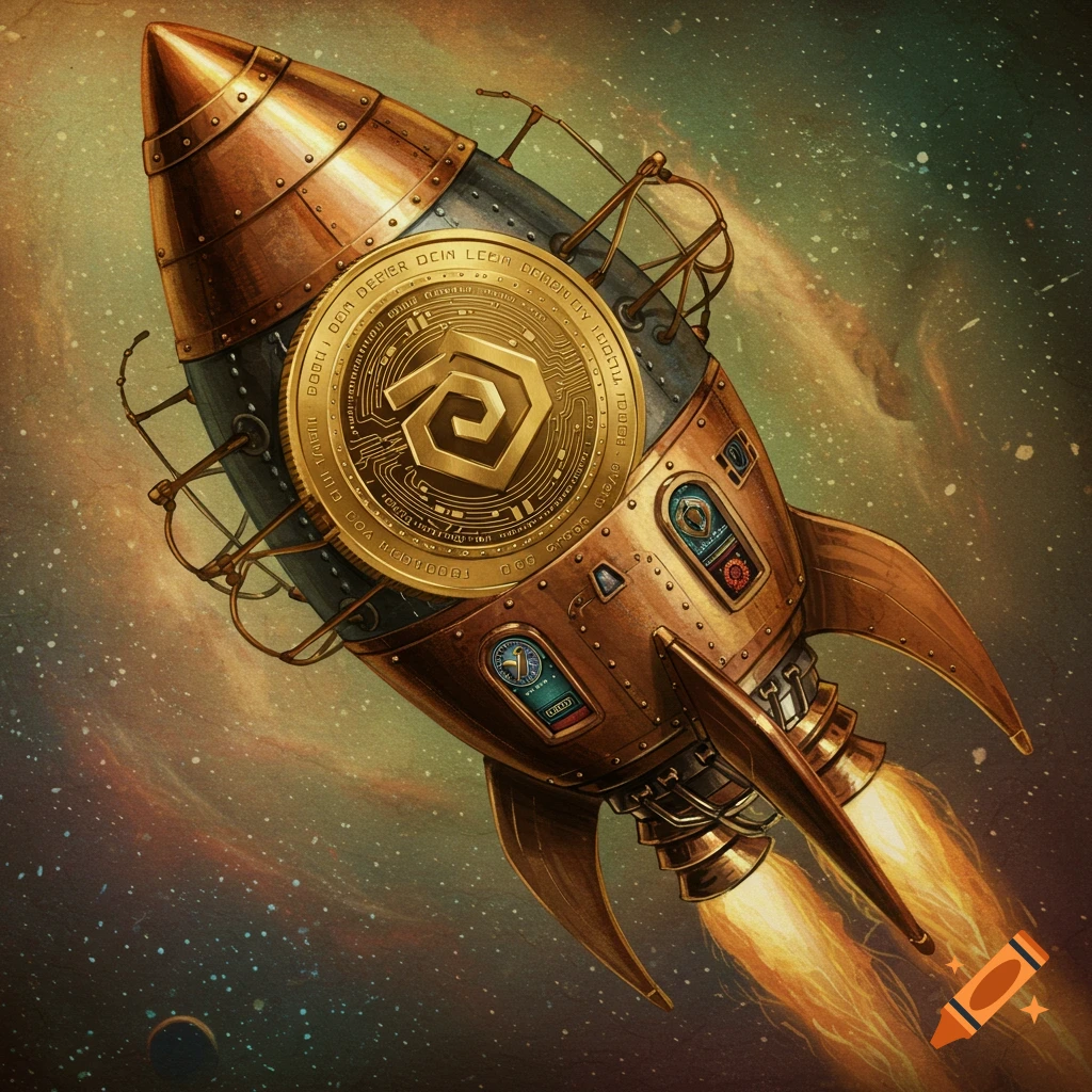 Steampunk Digicoin on a rocketship on Craiyon