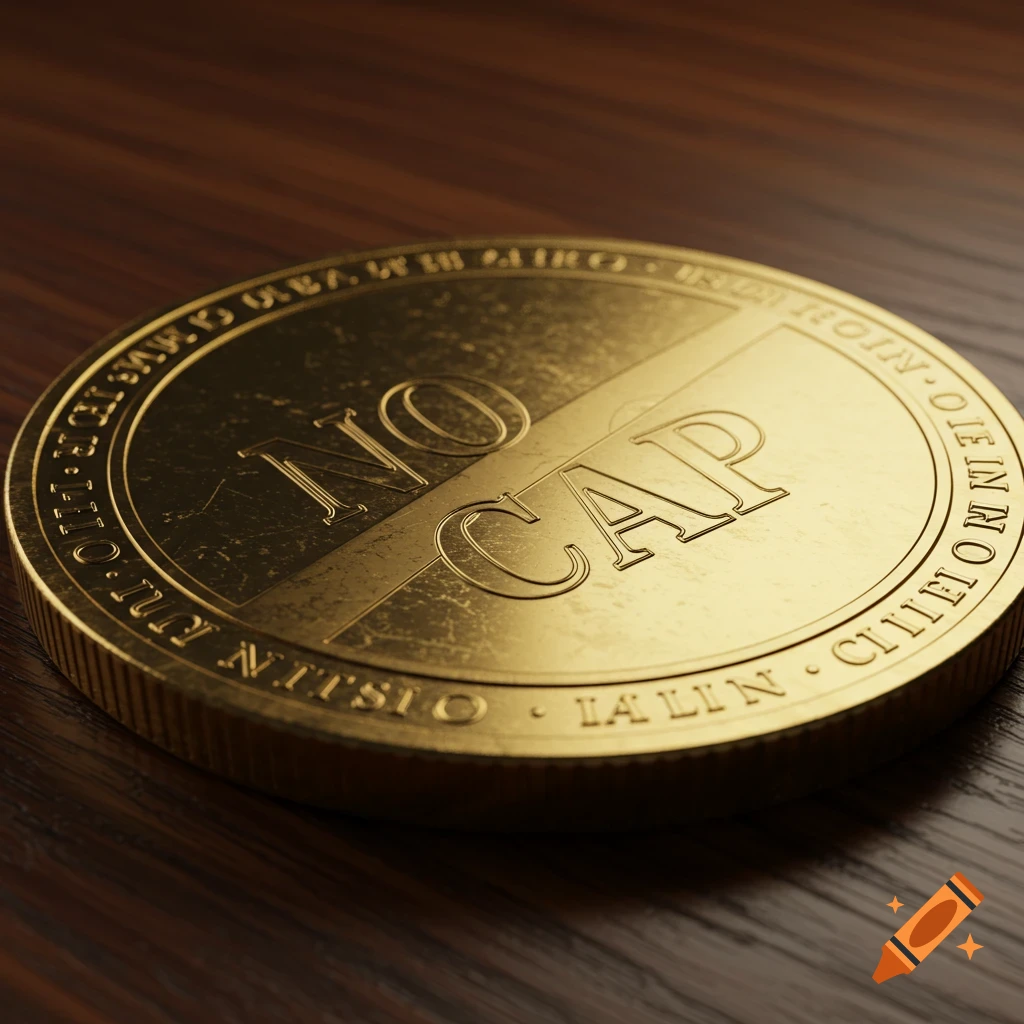 Close-up of a golden coin with 'NO CAP' text on a wooden surface. on ...