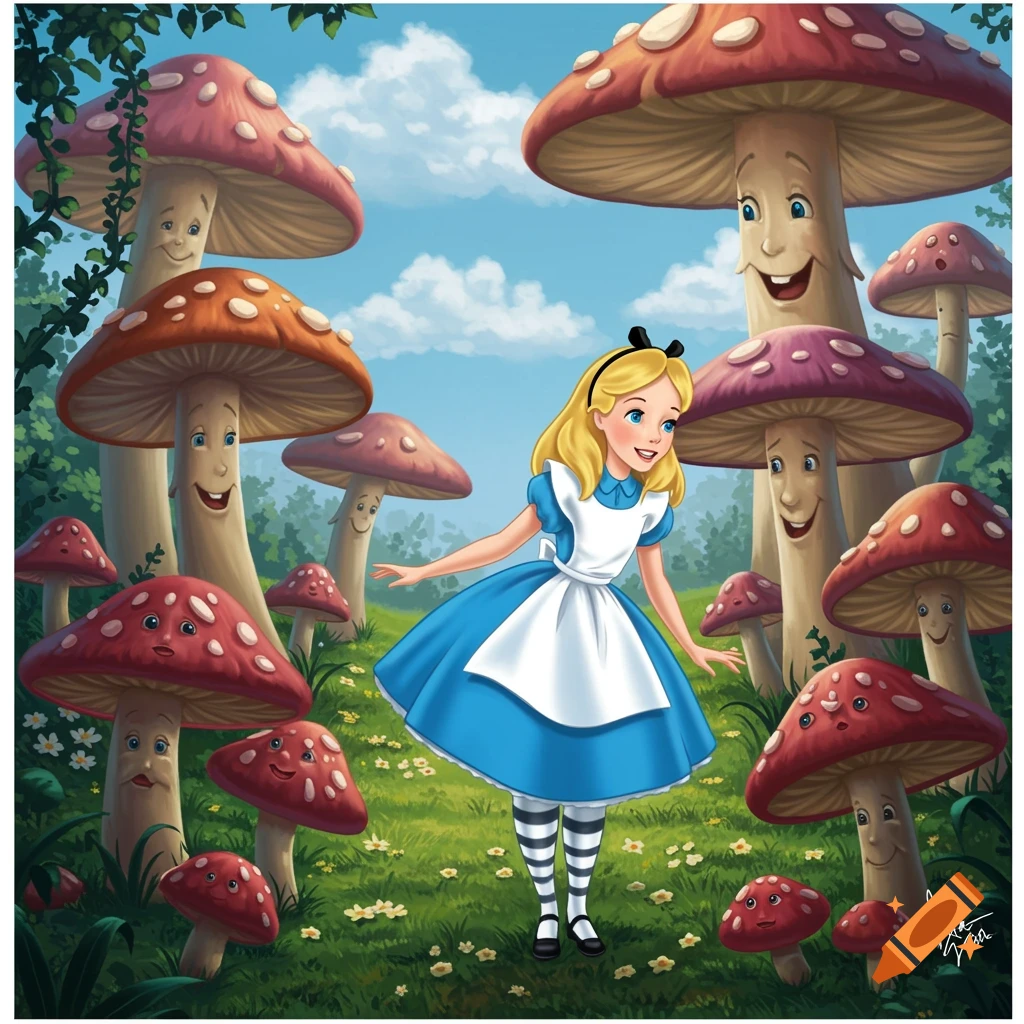 Alice in Wonderland stands among smiling mushrooms in a forest clearing ...
