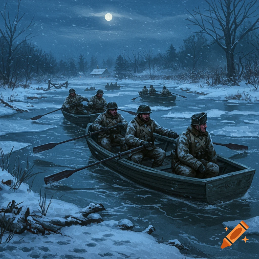 Illustration of soldiers rowing boats in a snowy river under a full ...