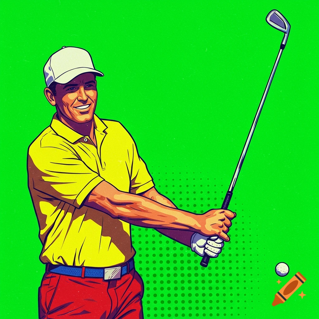 Pop art illustration of a golfer swinging a club against a fluorescent ...