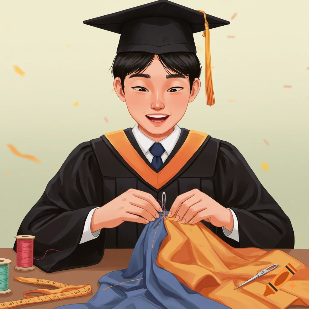 An illustrated person in a graduation gown sewing cloth at a table with ...