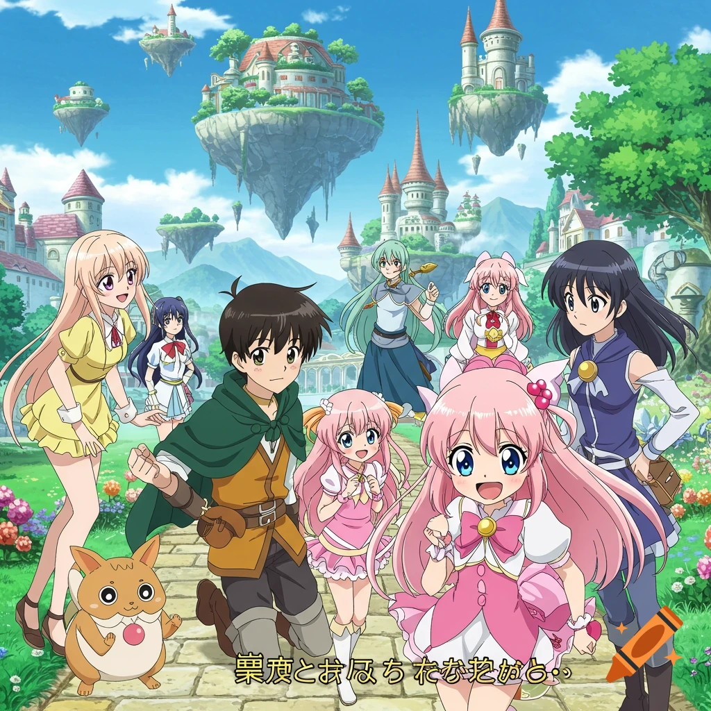 Anime characters stand together in a fantasy landscape with flying ...