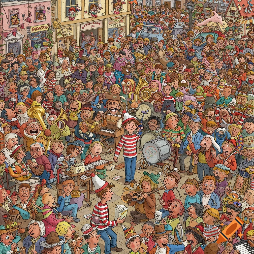 A crowded cartoon illustration in the Where's Waldo style, showing many ...