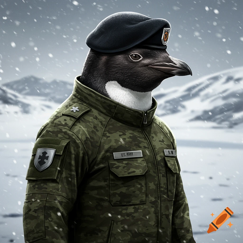 A penguin wears a military camouflage uniform and beret in a snowy ...