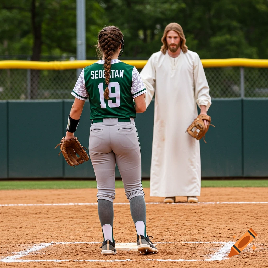 Softball player with Jesus standing beside her on Craiyon