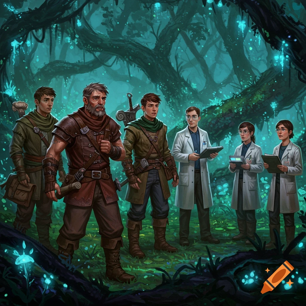 Illustration of fantasy characters and scientists standing in a ...