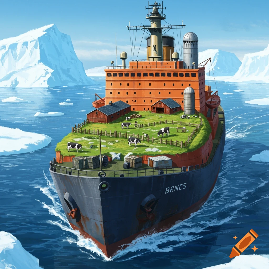 Icebreaker ship with cattle ranch in the Arctic on Craiyon