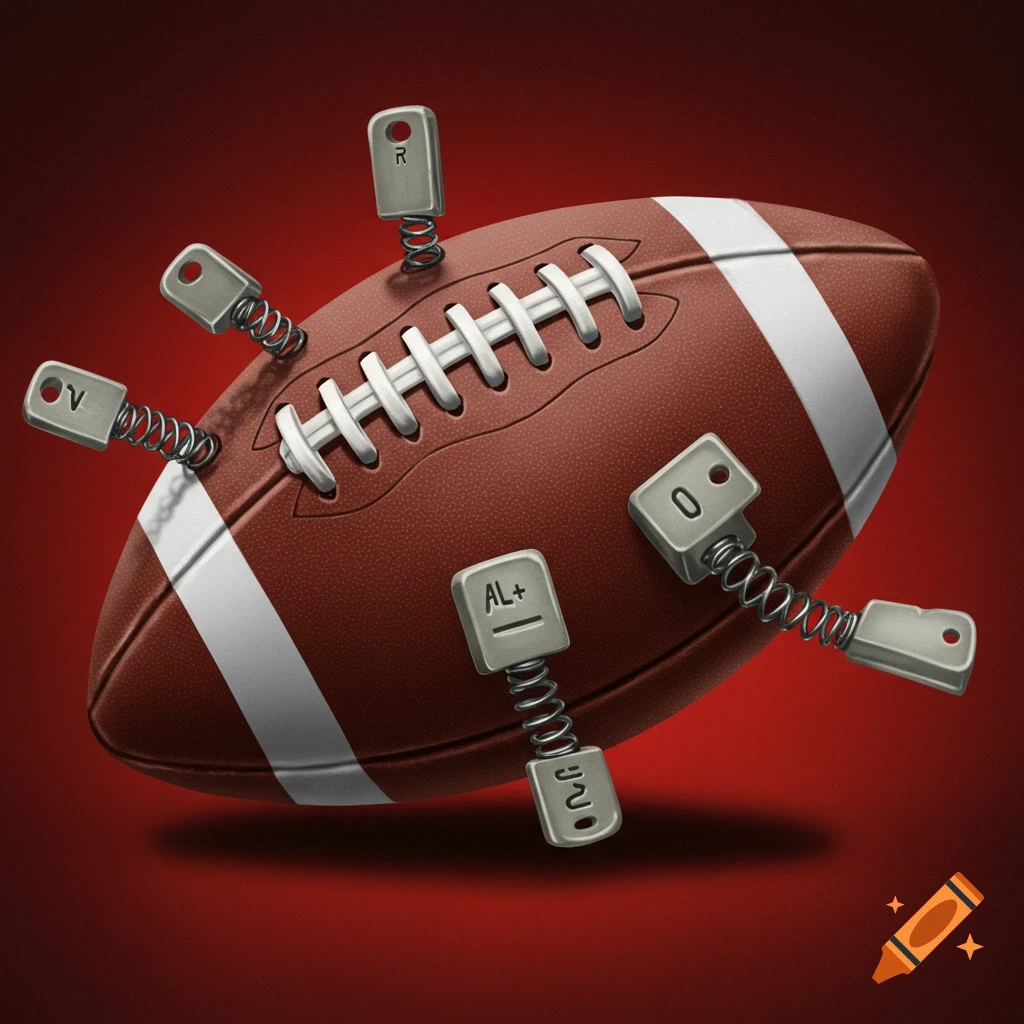 Airless white football with keyboard keys replacing laces on Craiyon