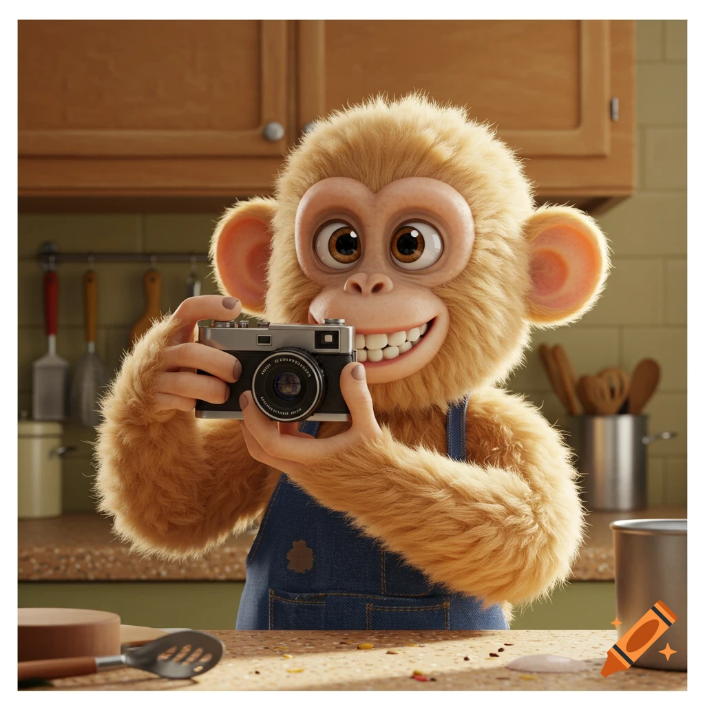 Cartoon chimp wearing apron with camera on Craiyon