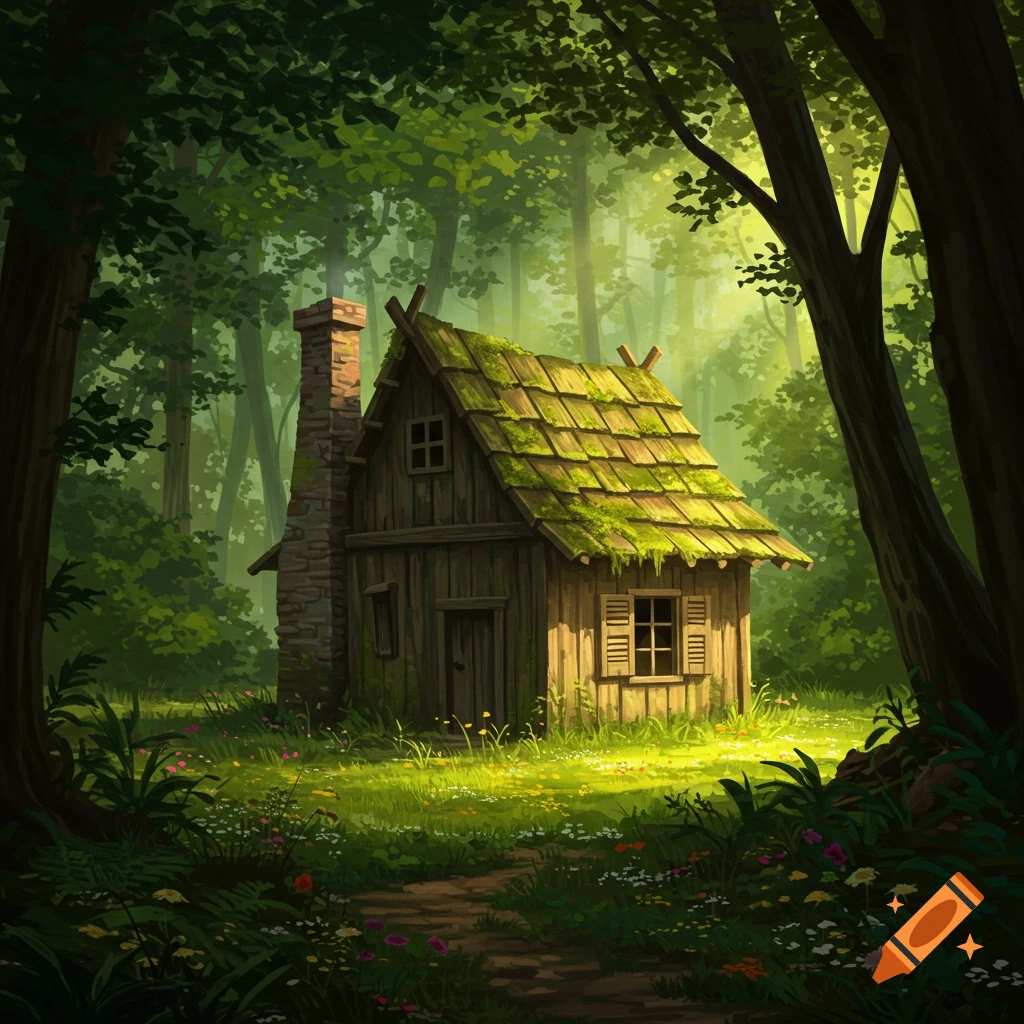 Small house in the middle of a thick forest on Craiyon