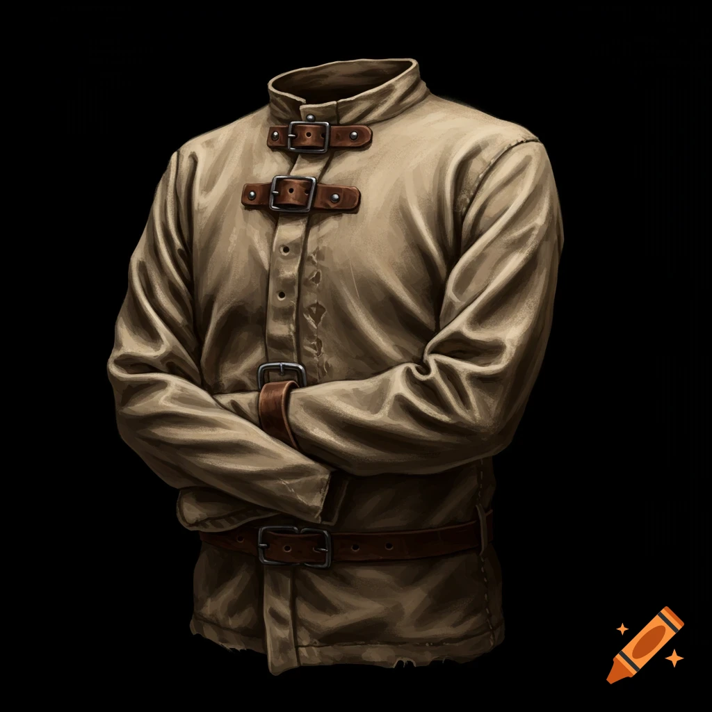 Illustration of a brown straitjacket with buckles against a black ...