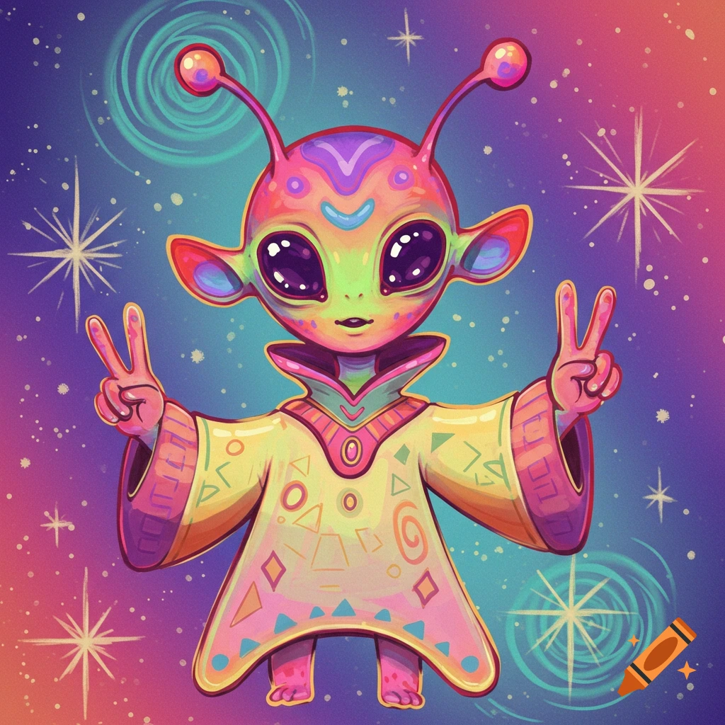 A colorful cartoon alien makes peace signs in space on Craiyon
