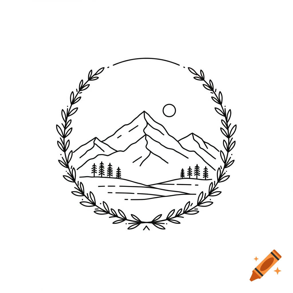 Minimalist monochrome mountain line art with trees on Craiyon