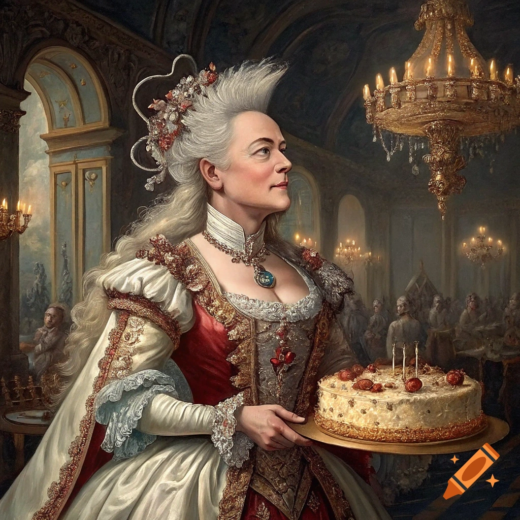 Marie Antoinette with Elon Musk's face handing out cake on Craiyon