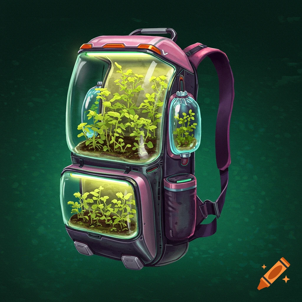 Futuristic backpack with plants growing in clear compartments, digital ...