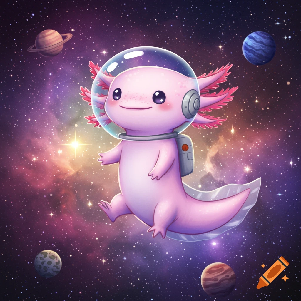 Cute cartoon axolotl in a space helmet floats among stars and planets. on Craiyon