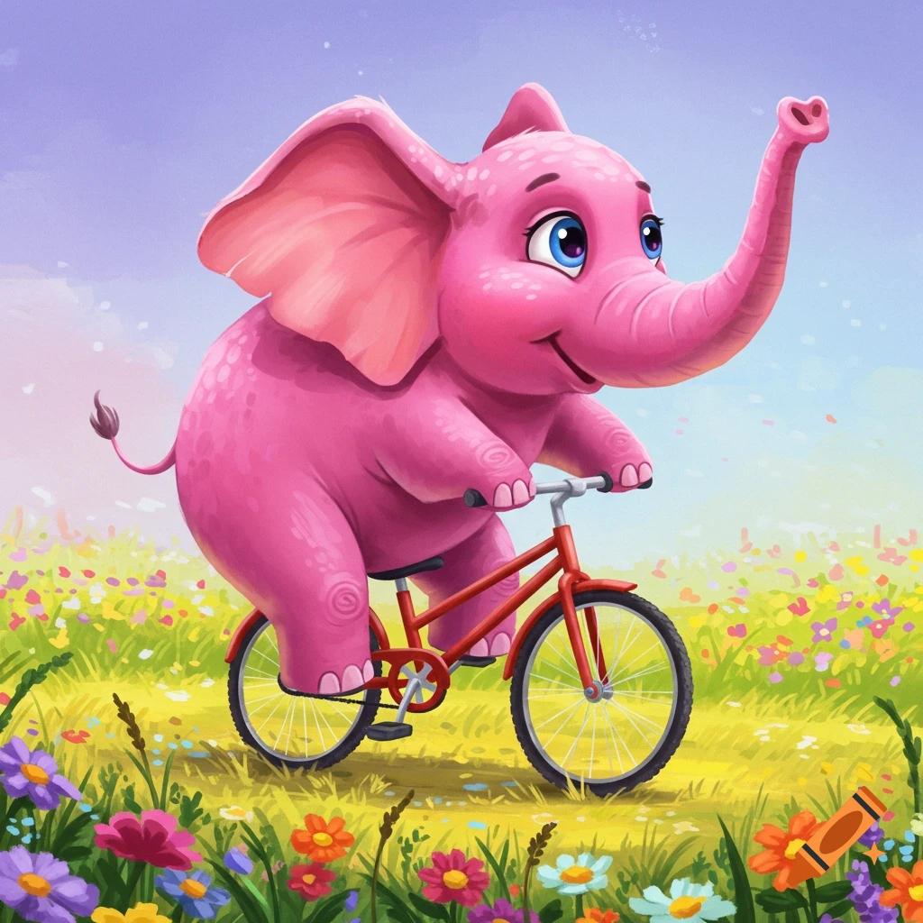 Pink cartoon elephant riding a red bike through a field of colorful flowers, illustration on Craiyon
