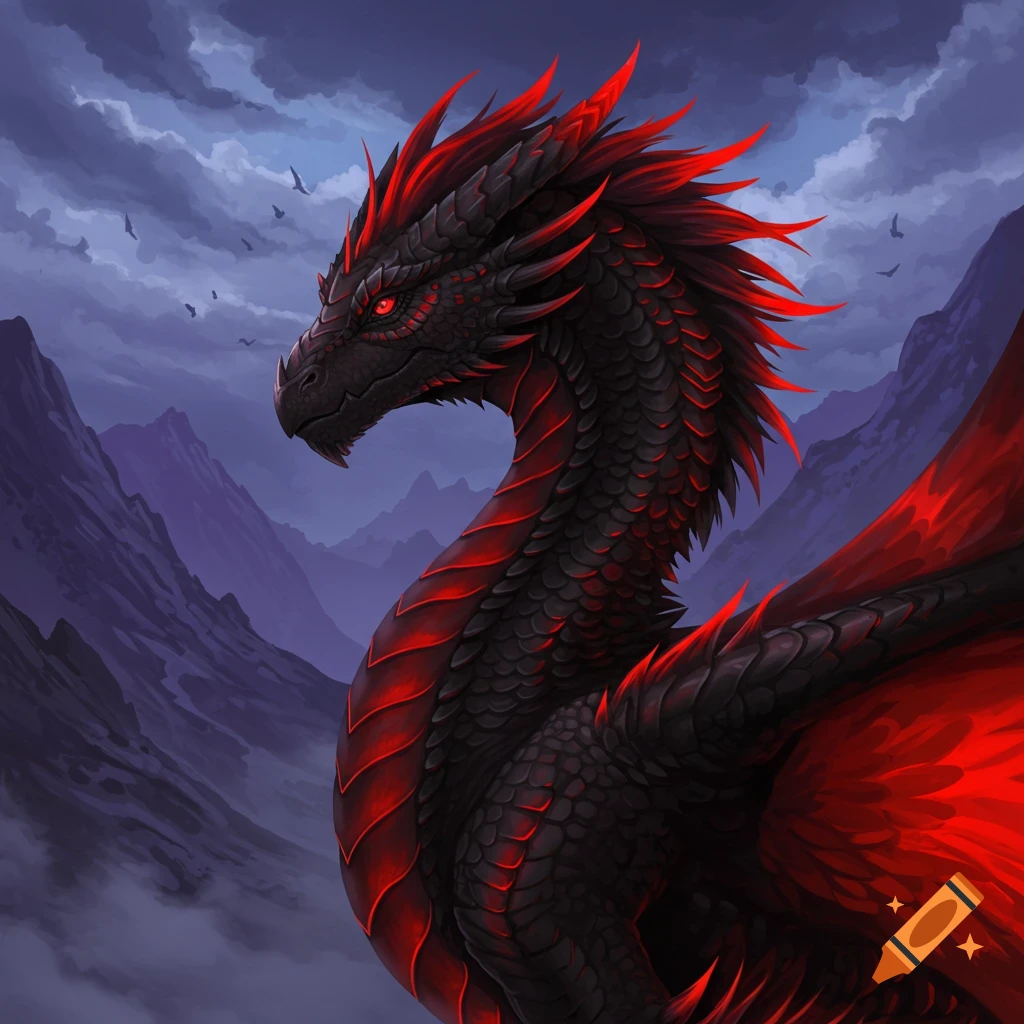 Dragon with large wings and red luminescent undertones on Craiyon