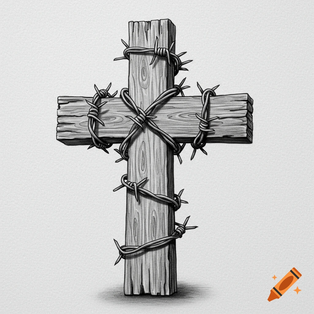 Pencil drawing of a wooden Christian cross wrapped in barbed wire. on ...
