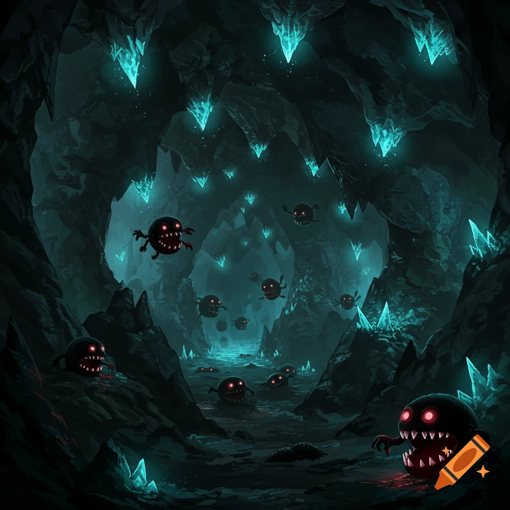 Underground cave with hanging lights and black creatures with red eyes ...