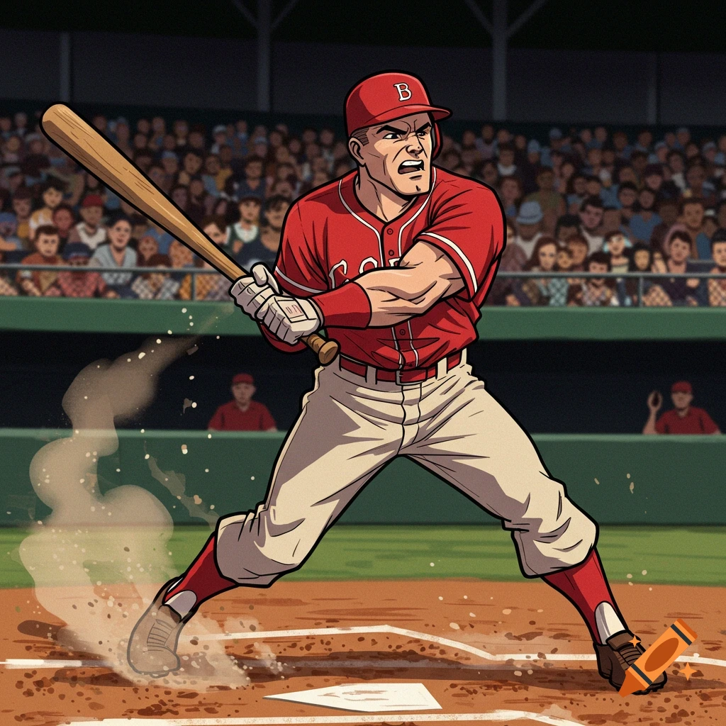 Animated baseball player swinging bat, comic-book style illustration on ...