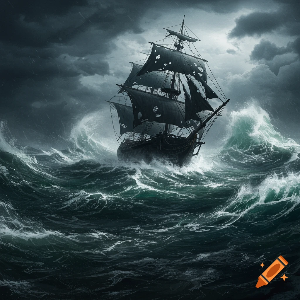 Turbulent sea with a large black ship and tattered sails on Craiyon