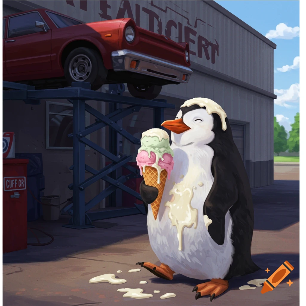 Penguin eating ice cream cone in front of auto repair shop on Craiyon