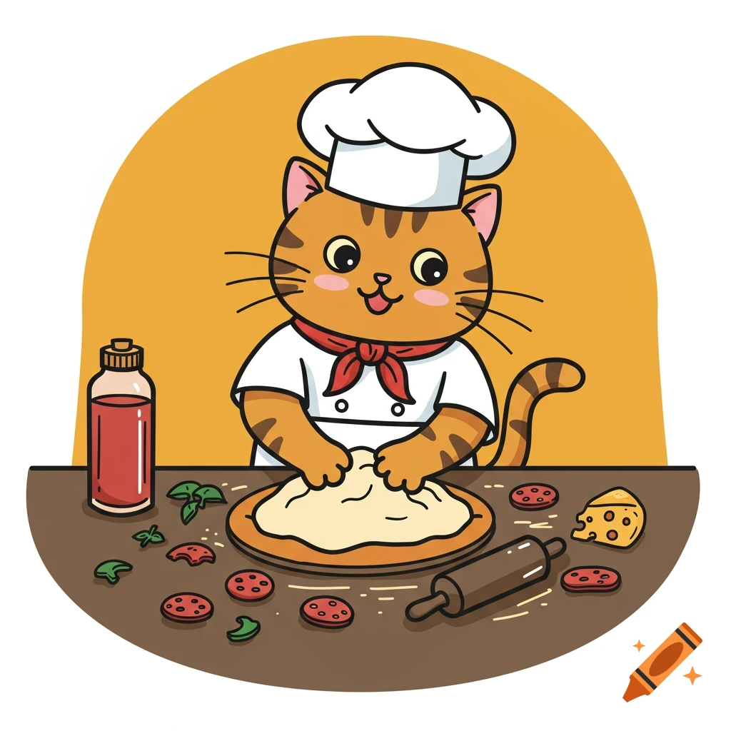 A cartoon orange tabby cat wearing a chef hat makes pizza dough on a ...