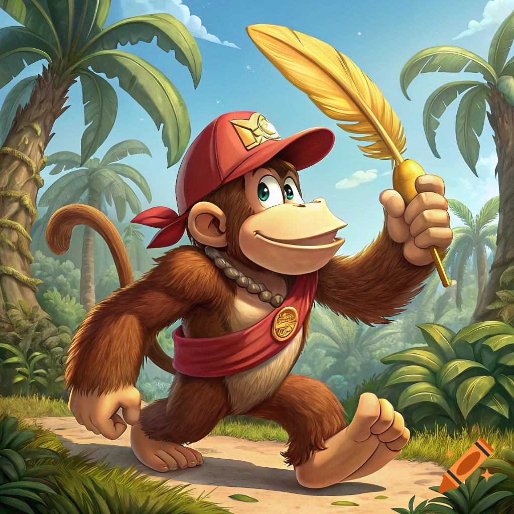 A cartoon monkey in a red hat walks on a jungle path holding a large ...