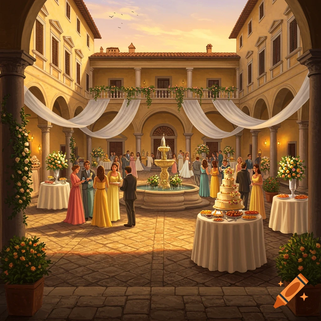 Grand ballroom with masked guests at Capulet party, chandeliers and red ...