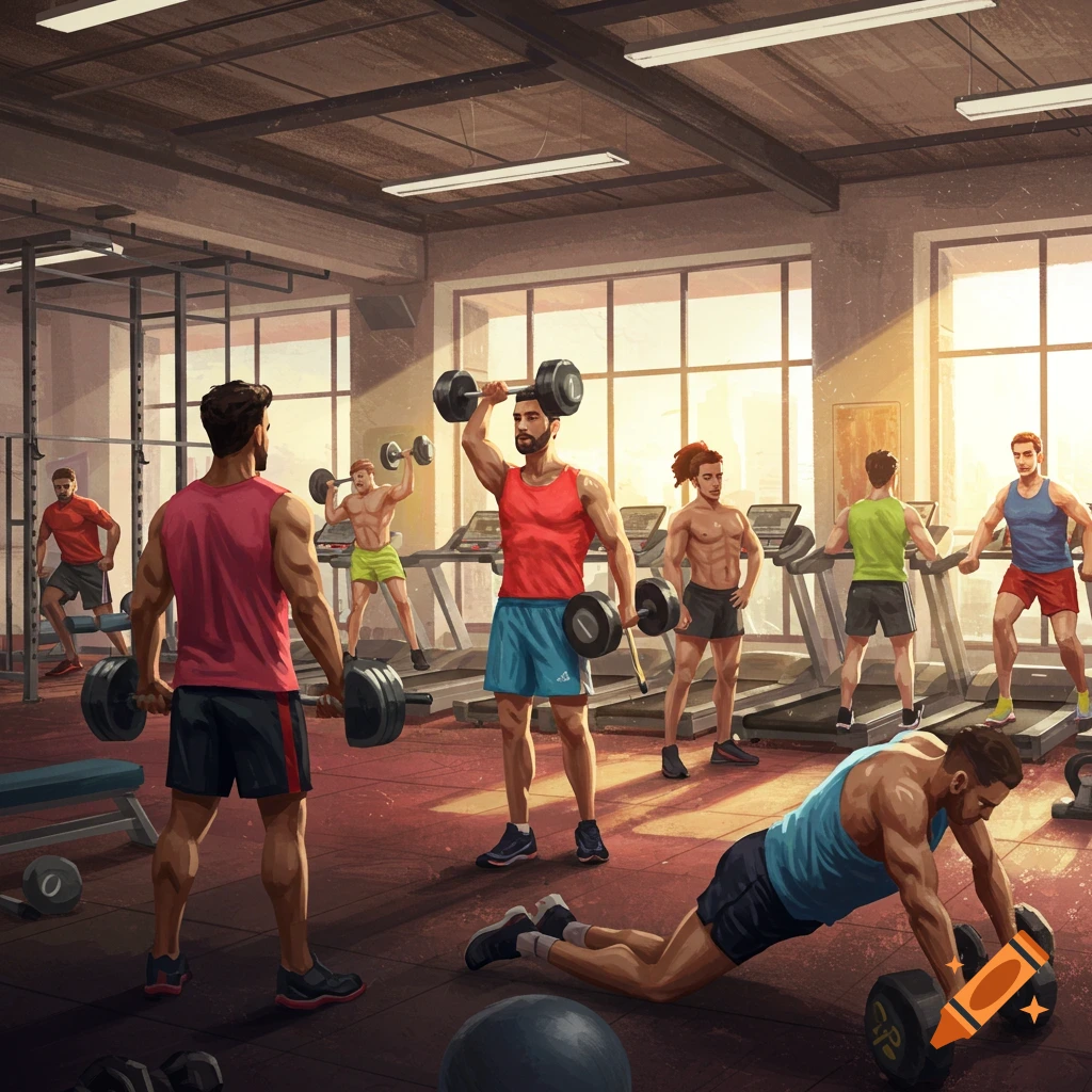 People exercising in a gym, illustration in the style of Matisse using ...