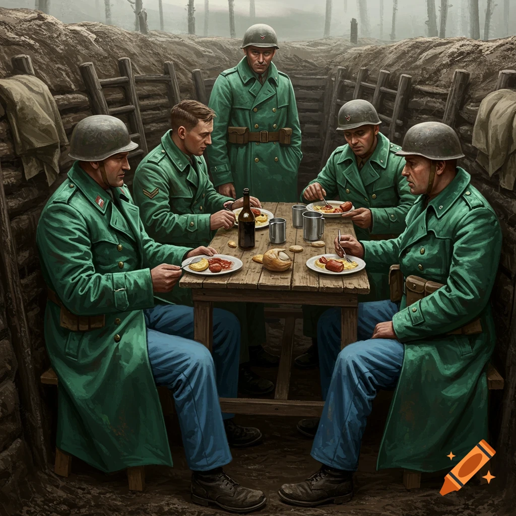 Soldiers in jade trench coats and cornflower trousers eating. on Craiyon