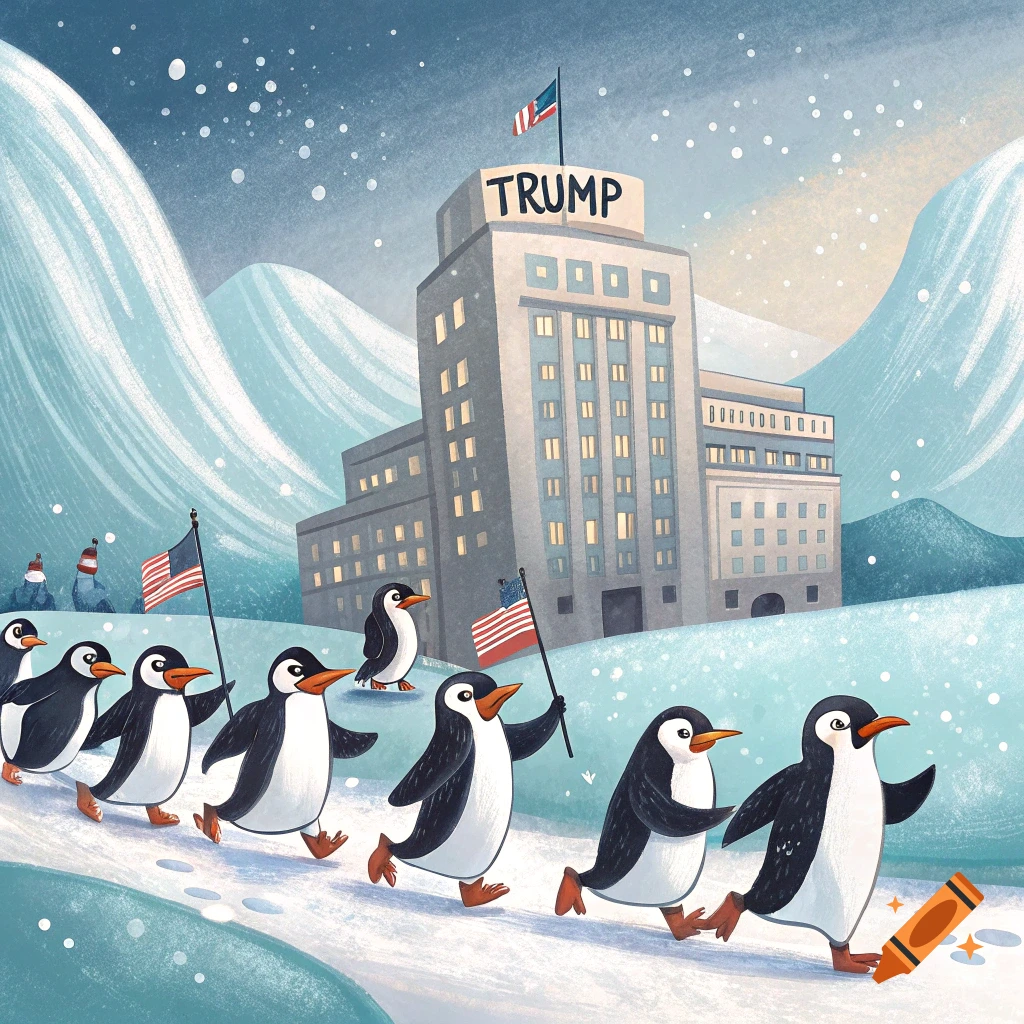 Cartoon penguins holding US flags march towards a building labeled ...